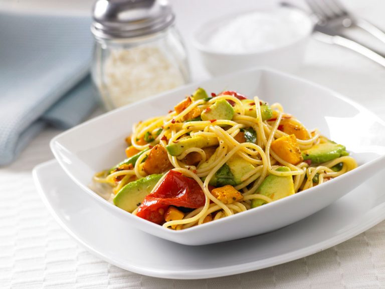 Spaghetti with pumpkin, tomato and avocado - Australian Avocados